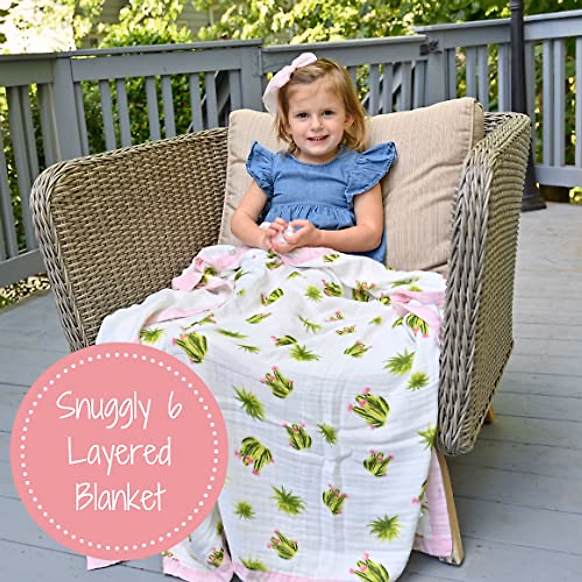 LollyBanks Muslin Quilt Blanket, Large 47 x 47 Inches Versatile Crib Blanket for Baby Girls, 6 Layers Newborn Blanket, Soft Blend 70% Viscose Made from Bamboo + 30% Cotton, Registry (Cactus Print)