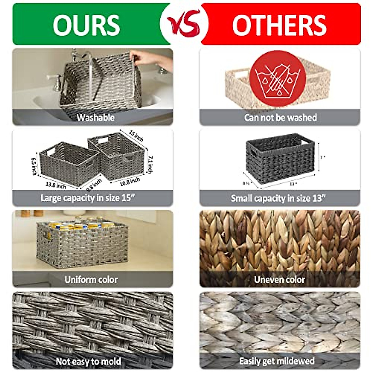 ROSOS Wicker Baskets 2 Pack, Wicker Storage Basket with Handles, Large Wicker Baskets for Storage, Waterproof Wicker Baskets for Organizing, Large Storage Baskets Wicker 15" and Medium 14", Grey