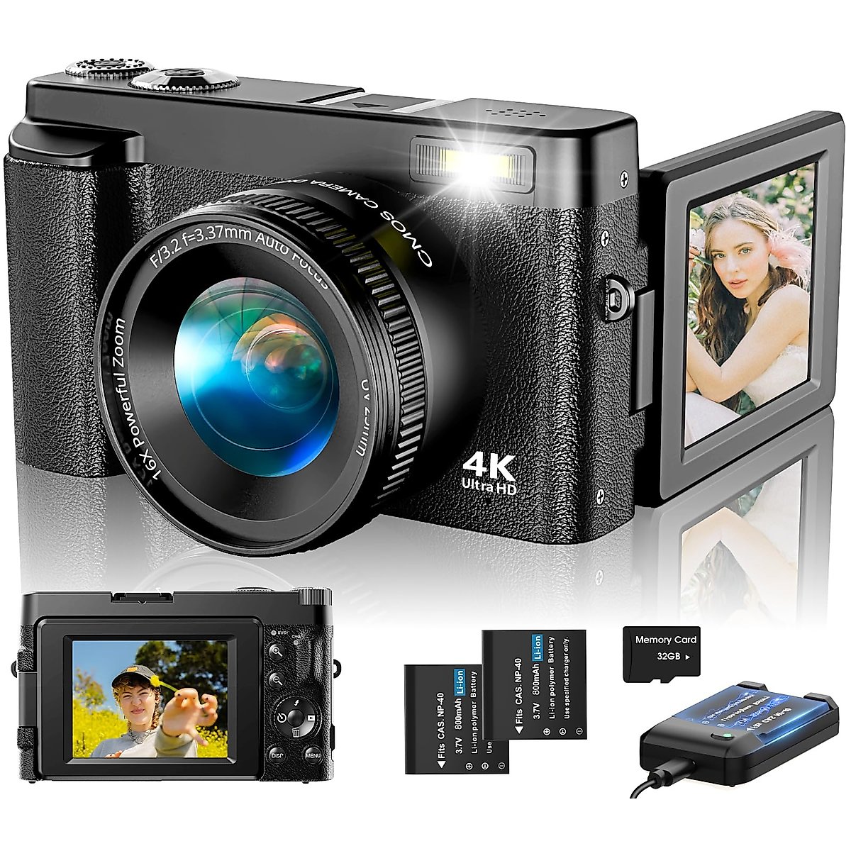 4K Digital Camera for Photography Autofocus, Upgraded 48MP Vlogging Camera for YouTube with SD Card, 3" 180 Flip Screen Compact Travel Camera with 16X Digital Zoom, Flash, Anti-Shake, 2 Batteries