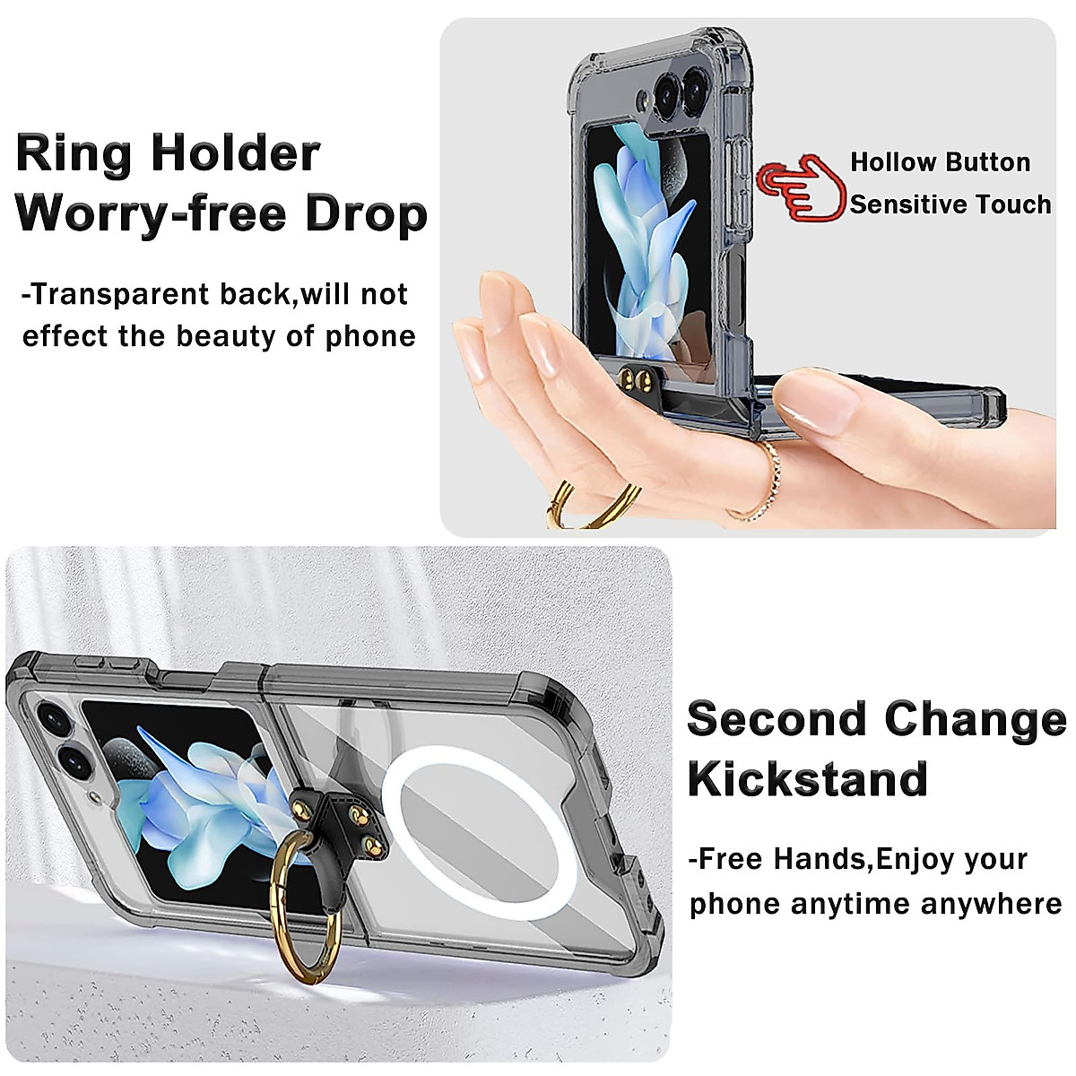 NINKI Compatible Samsung Galaxy Z Flip 5 Case with Ring,(Clear+Black) Samsung Flip 5 Case Magnetic Wireless Charging Heavy Duty Slim Shockproof Protective Phone Case for Galaxy Z Flip 5 5G Cases Clear