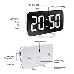 Lamisola Digital Alarm Clock, Large LED Mirror Display, 2 USB Charging Ports，Auto Dim Mode，Modern Design Clock for Bedroom Office, White