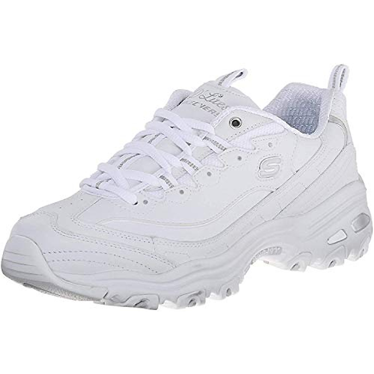 Skechers Women's D'Lites Memory Foam Lace-up Sneaker,White Silver,7 M US