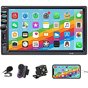 Double Din Car Stereo with Backup Camera, 7 Inch Touchscreen Car Radio Bluetooth Support Mirror Link, Hands Free Call/FM/TF/USB/EQ/Aux, Multimedia Car Audio with Steering Wheel Remote/Fast Charging