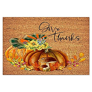 Coir Mat Natural Fade - Vinyl Backed Give Thanks Outdoor Doormats 16x24in Pumpkin Sunflowers Fall Leaves Front Porch Welcome Mats for Outside Porch Entrance