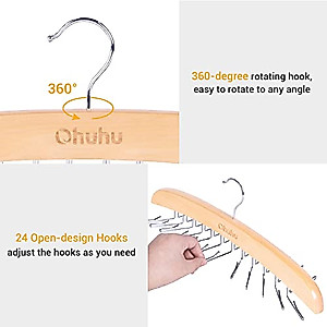 Tie Rack Hanger for Closet, Ohuhu Wooden Tie Organizer 360 Degree Rotating Tie Holder with 24 Folding Hooks, Tie and Belt Storage for Men Neckties Belts Scarves Tank Tops Accessories, 2 Pack