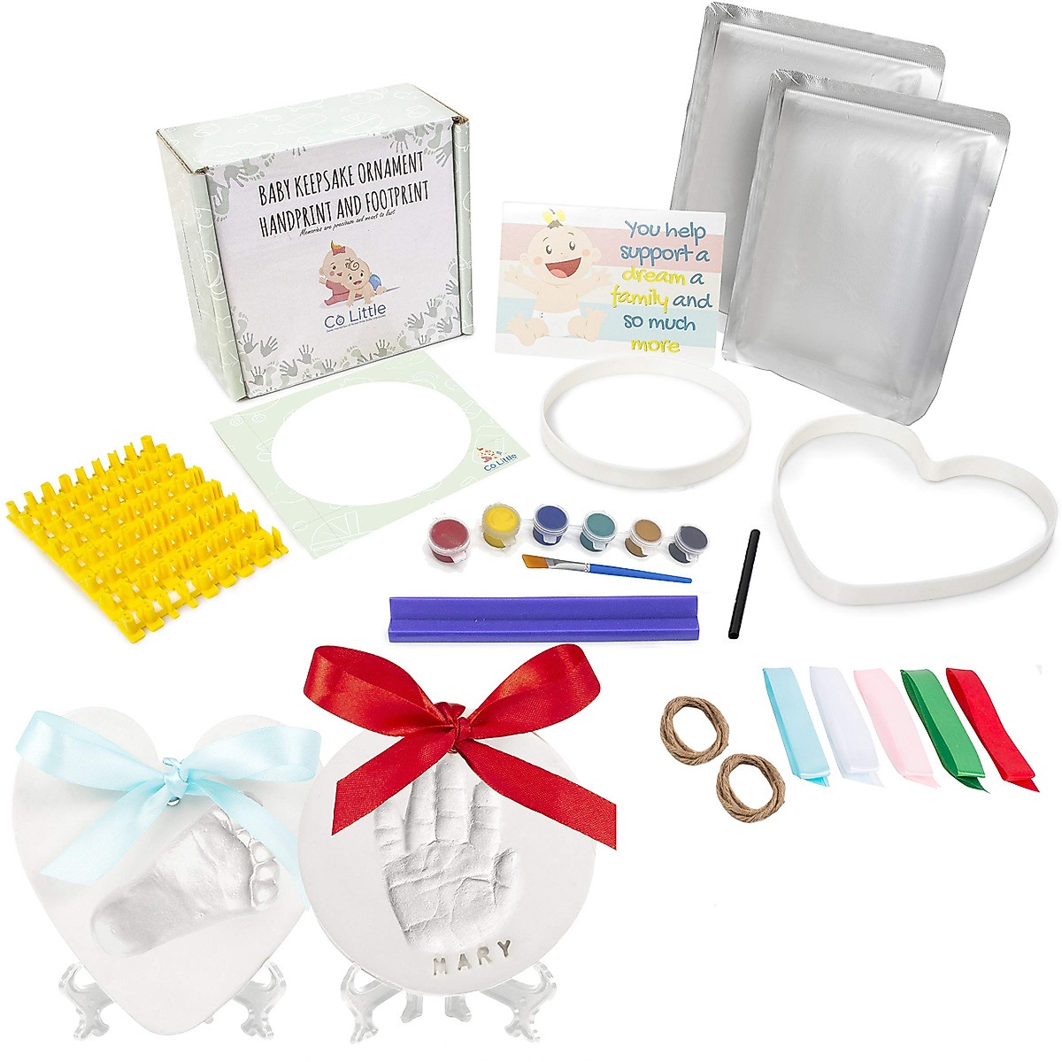 Baby Ornament Keepsake Kit (Circle & Heart) Clay Handprint and Footprint Casting for Newborn - Best New Mom Gift and Shower Gift - Hand Imprint Mold - Foot Impression for Girls & Boys Print - 2 Easels