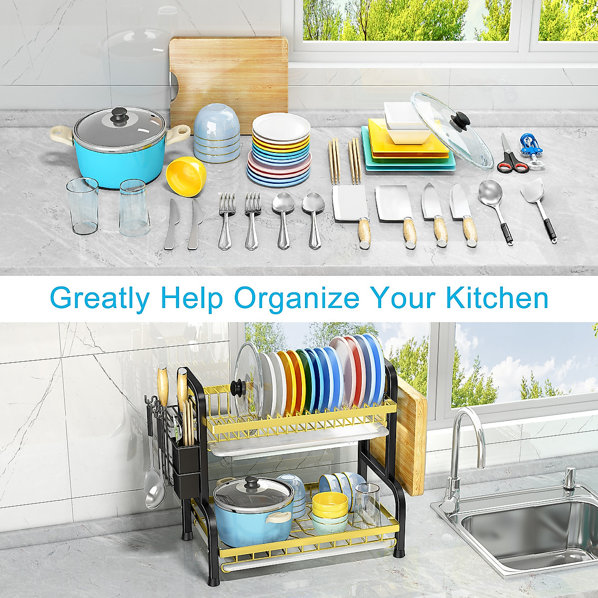 Nicous 2 Tier Dish Drying Rack, Dish Rack with Drainboard, Utensil Holder and Cutting Board Holder, 304 Stainless Steel Dish Drainer for Kitchen Counter (Black & Gold )