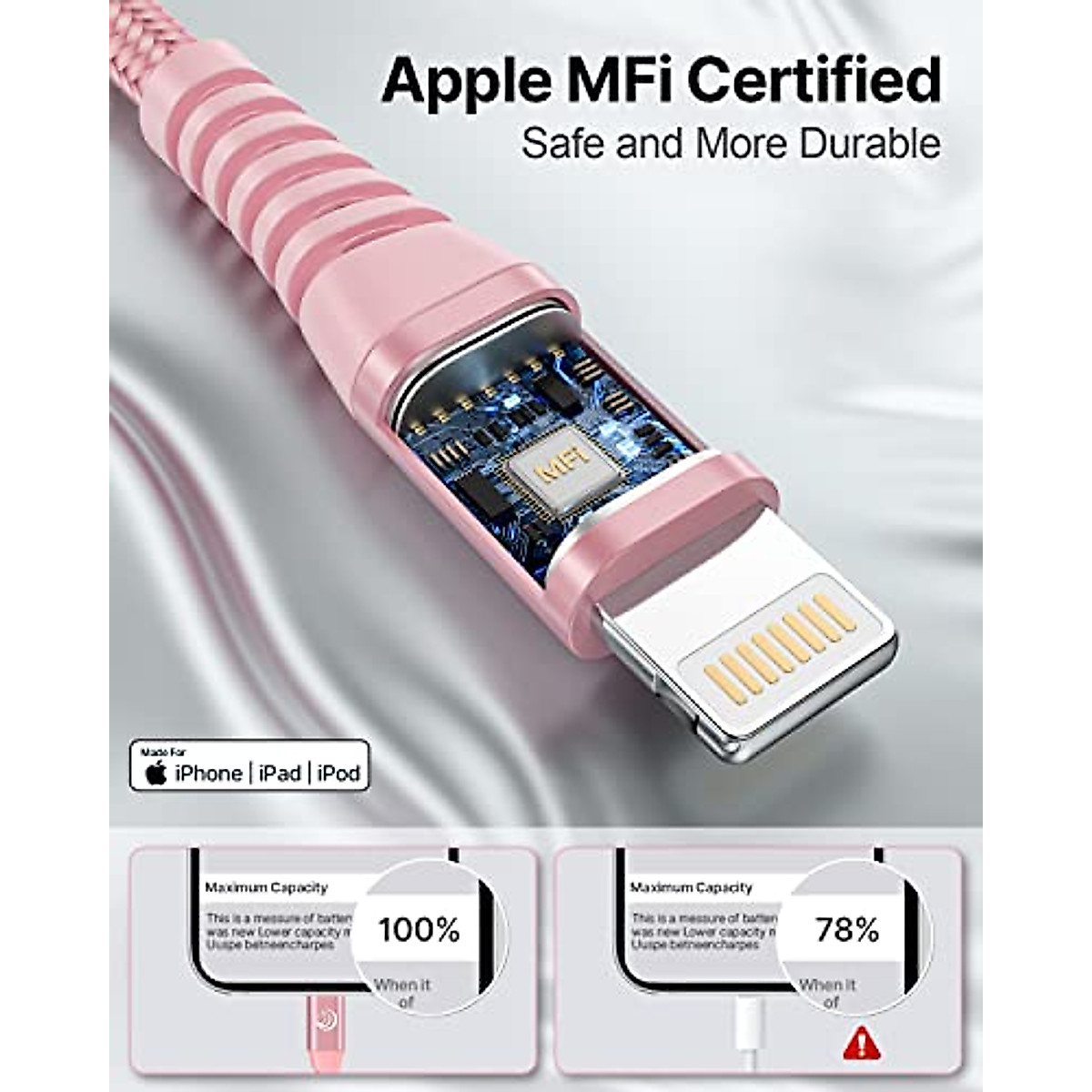 iPhone Charger 6ft 2Pack Apple MFi Certified Lightning Cable Fast Charging Nylon Braided Phone Charger iPhone Charging Cord Compatible with iPhone 14 13 12 11 Pro Xr Xs Max 10 8 7Plus 6 SE -Pink