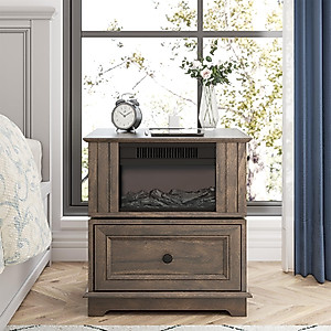 REDAYFUR Rotating End Table with 13" Electric Fireplace Screens, Side Table with Fast Charging Station, 1400W Fireplace End Table with Storage, Wooden Side Table for Living Room, Bedroom, Office