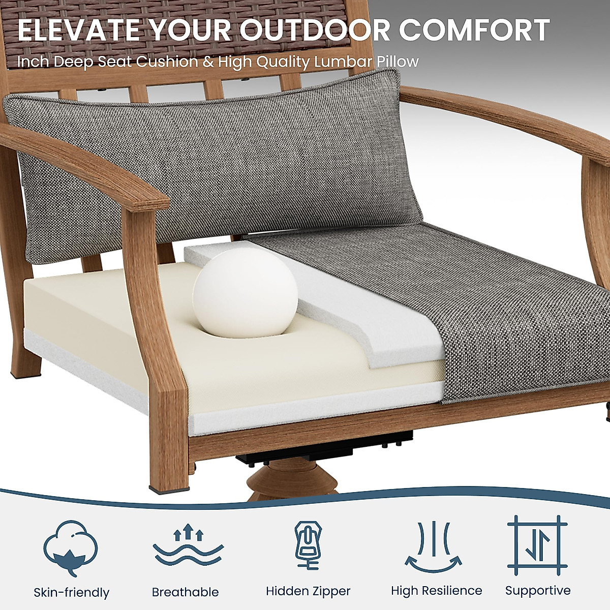 Amopatio 3 Pieces Patio Swivel Chairs Set of 2 with Wicker Table, Bistro Set with Swivel Rocker Chair, Outdoor Furniture with Thickened Cushions for Porch Backyard Deck (Gray)