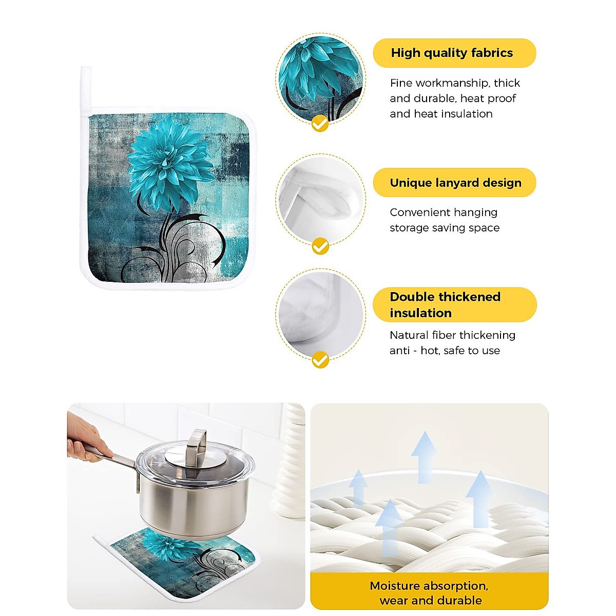 4 Pack Pot Holders for Kitchen,Blue Green Gradient Teal Turquoise Dahlia Floral Heat Proof Potholder Hot Pads Trivet,Flower Abstract Art Oil Painting Washable Coaster Potholders for Cooking Baking