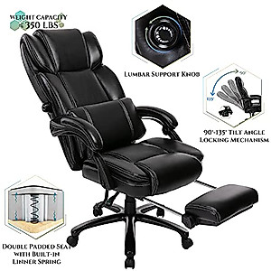 COLAMY High-Back Reclining Office Chair with Footrest, Big Tall Bonded Leather Adjustable Tilt Angle Height Lumbar Support Home Desk Task Executive Chair, Black