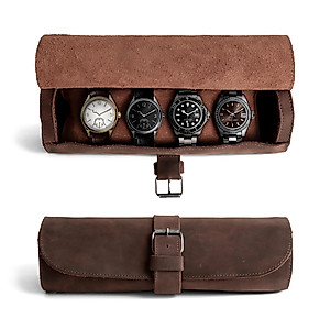 Hide & Drink, Cylinder Watch Case, Holds 4 Watches, Storage Box, Jewelry Roll Organizer, Travel Accessories, Full Grain Leather, Handmade, Bourbon Brown