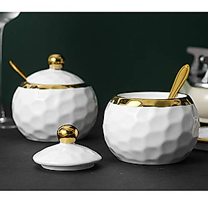BIHOIB Golf Porcelain Sugar Bowl Condiment Pot Salt Container with Lid, Spoon and Tray, Set of 3, Modern Spice Box Seasoning Jar, White and Gold
