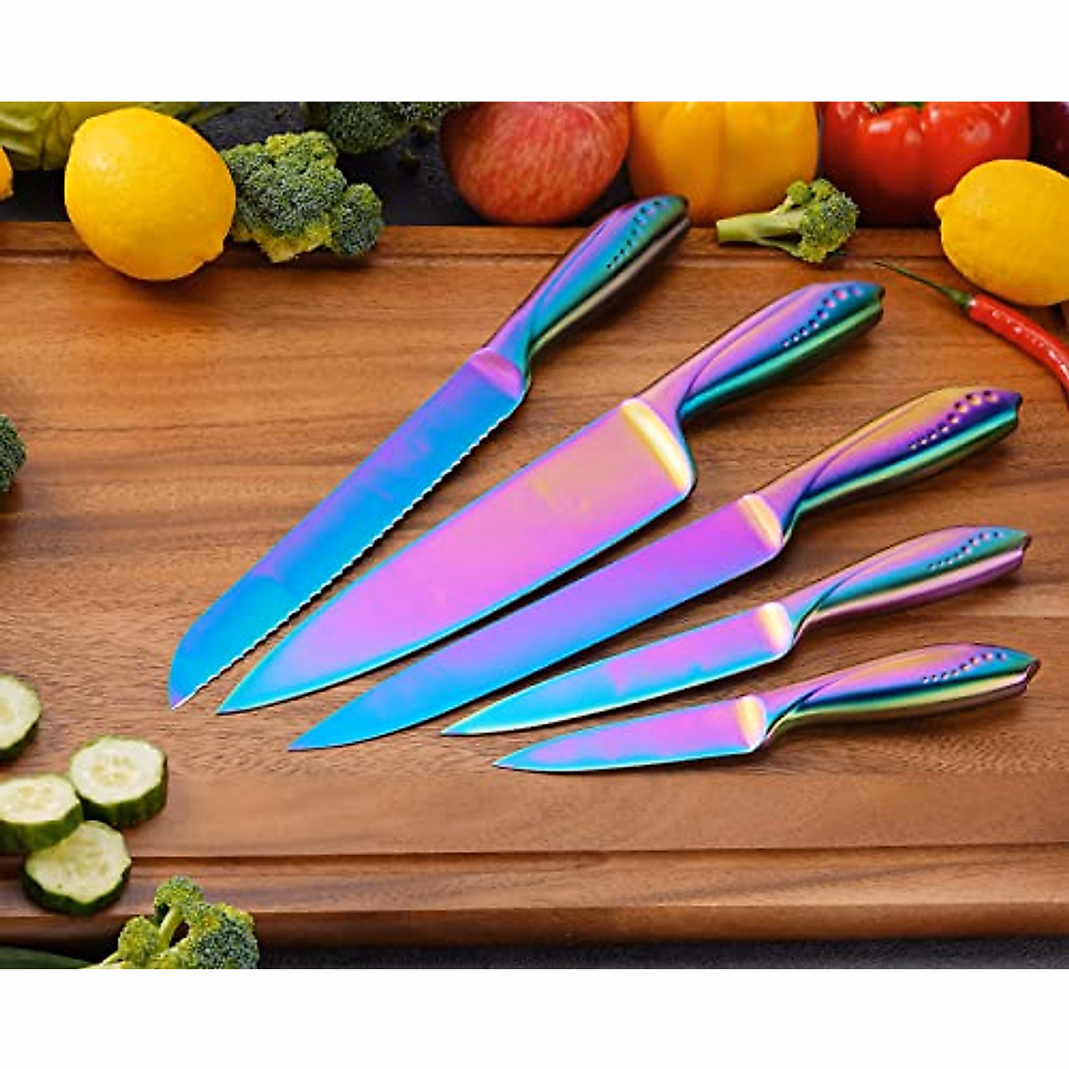 WELLSTAR Kitchen Knife Set 5 Piece, Razor Sharp German Stainless Steel Blade and Comfortable Handle with Rainbow Titanium Coated, Chef Carving Bread Utility Paring for Cutting and Peeling, Gift Box
