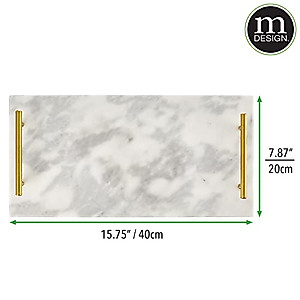 mDesign Thin Marble Pastry Board, Cutting Slab Kitchen Serving Tray with Deco Handles for Baking, Chopping, and Rolling - Serve Bread, Candy, Chocolate, Cheese, and Appetizers - Marble/Soft Brass