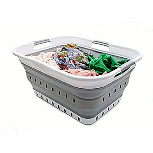 SAMMART 42L (11 Gallon) Collapsible Plastic Laundry Basket - Foldable Pop Up Storage Container/Organizer - Portable Basket - Space Saving Hamper/Basket (2, White/Grey)