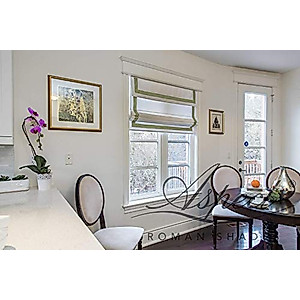 LOGANOVA Flat Roman Shade Chevalle Pine. Three sides light green border on white background. Includes valance and chain mechanism. Custom made.