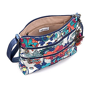 Sakroots Basic Crossbody Bag in Coated Canvas, Multifunctional Purse with Adjustable Strap & Zipper Pockets, Lake Flower Power