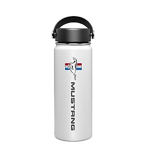 iPick Image for Ford Mustang Tri-Bar LED Printed 18 oz Dual-Wall Insulated White Stainless Steel Water Bottle Travel Tumbler Mug