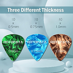 30 Pack Guitar Picks Plectrums with Organizer Storage Box, 0.5 0.75 1.0 mm Includes Thin Medium Heavy Thickness, Variety Colorful Celluloid Plectrums for Bass Electric Acoustic Guitars Ukulele