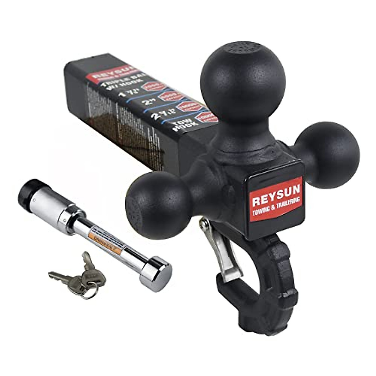 REYSUN Trailer Hitch 864011L Tri Ball Mount with Hook, Tactical Tow Hook, Fits 2 inch Hitch Receiver, Secure with Self-Lock Latch, Matt Black, 5/8 Inch Hitch Lock Included…