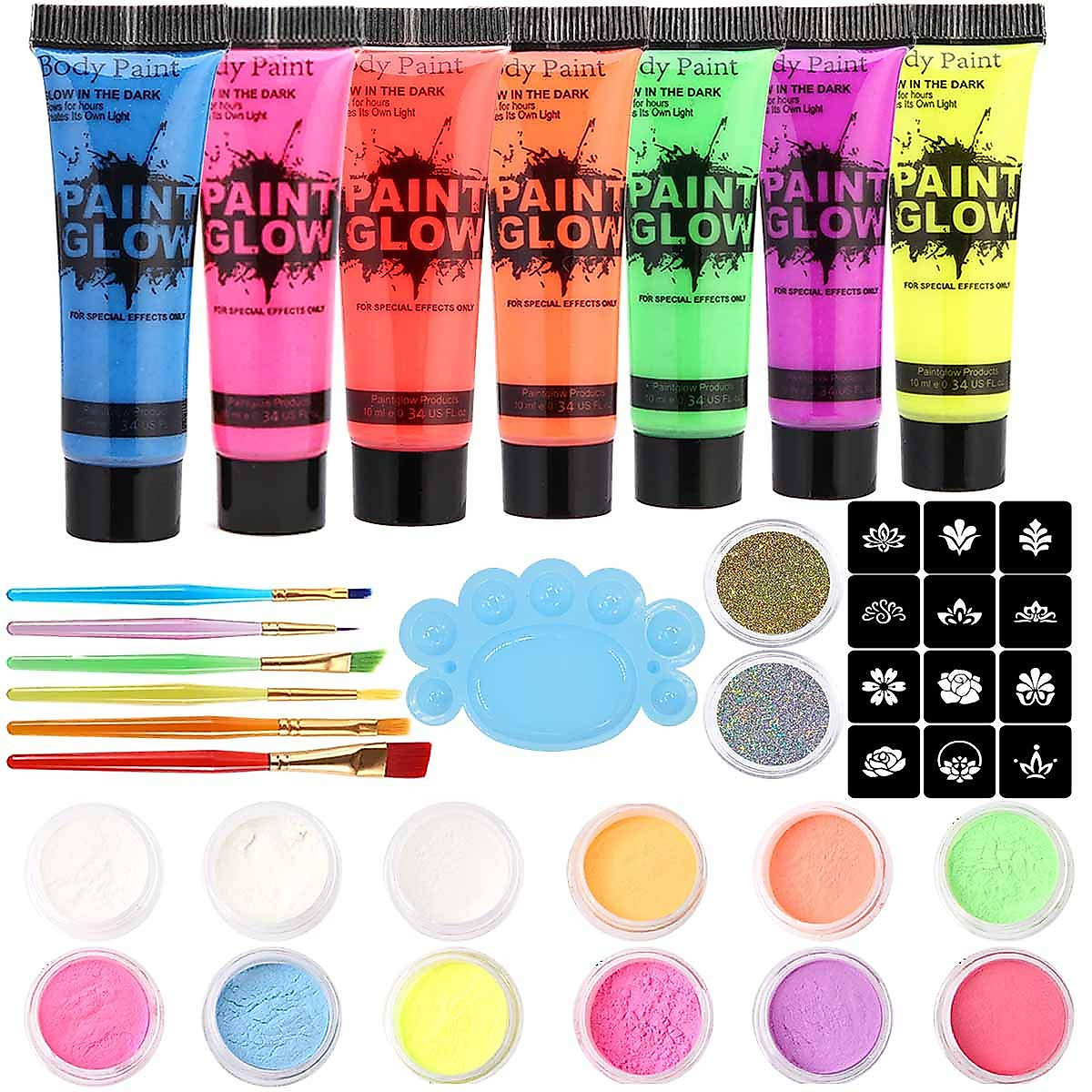 COKOHAPPY UV & Black Light Face & Body Neon Fluorescent Paint Kit (7/0.34oz), 12 Colors Glow In The Dark Pigment Powder with All Accessories Included