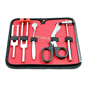 5 Piece Student Diagnostic Kit - Reflex Neurological Buck Hammer And Tuning Fork Set C 128 And C 512. Includes Wartenberg Pinwheel, Premium Steel Bandage Scissor 7.5” Black