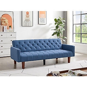 Fangflower Blue Tufted Back Sofa Bed Mid-Century Convertible Sleeper Futon with Tapered Wood Legs for Living Room Apartment Lounge