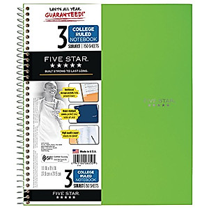 Five Star Spiral Notebooks, 3 Subject, College Ruled Paper, 150 Sheets