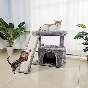 SIYIPURR Small Cat Tree for Indoor Cats，Cat Tower with Cat Scratching Post and Board，Cat House with Cat Perch for Kitten, Cat Condo,Stable Cat Stand (Light Grey)