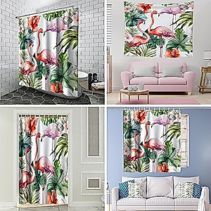 TheBlackSpot Flamingo Shower Curtain Sets Tropical Birds Summer Floral Palm Leaves Bath Curtains Christmas Decor Sets Grommet with Hooks 72W × 72H inches