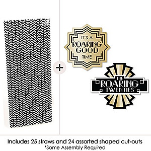 Roaring 20's - Paper Straw Decor - 1920s Art Deco Jazz Party Striped Decorative Straws - Set of 24