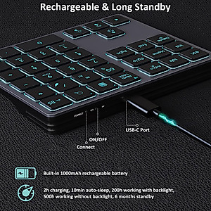LINKEET Tri-Mode Aluminum Numpad 7-Color LED Backlit, BT5.0/USB/2.4G Wireless Rechargeable Number Pad 35-Key Scissor Switches Light Up Keycaps for PC/Laptop/Win/Mac, Grey Black