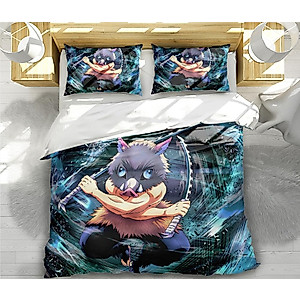 NICHIYOBI Demon Killer Inosuke Beast Breathing Inoko Duvet Cover Set 3D Bedding Comforter Cover 3 Pcs (1 Duvet Cover+2 Pillowcases) Bedding Set (11,Full-80x90in+20x30in*2)
