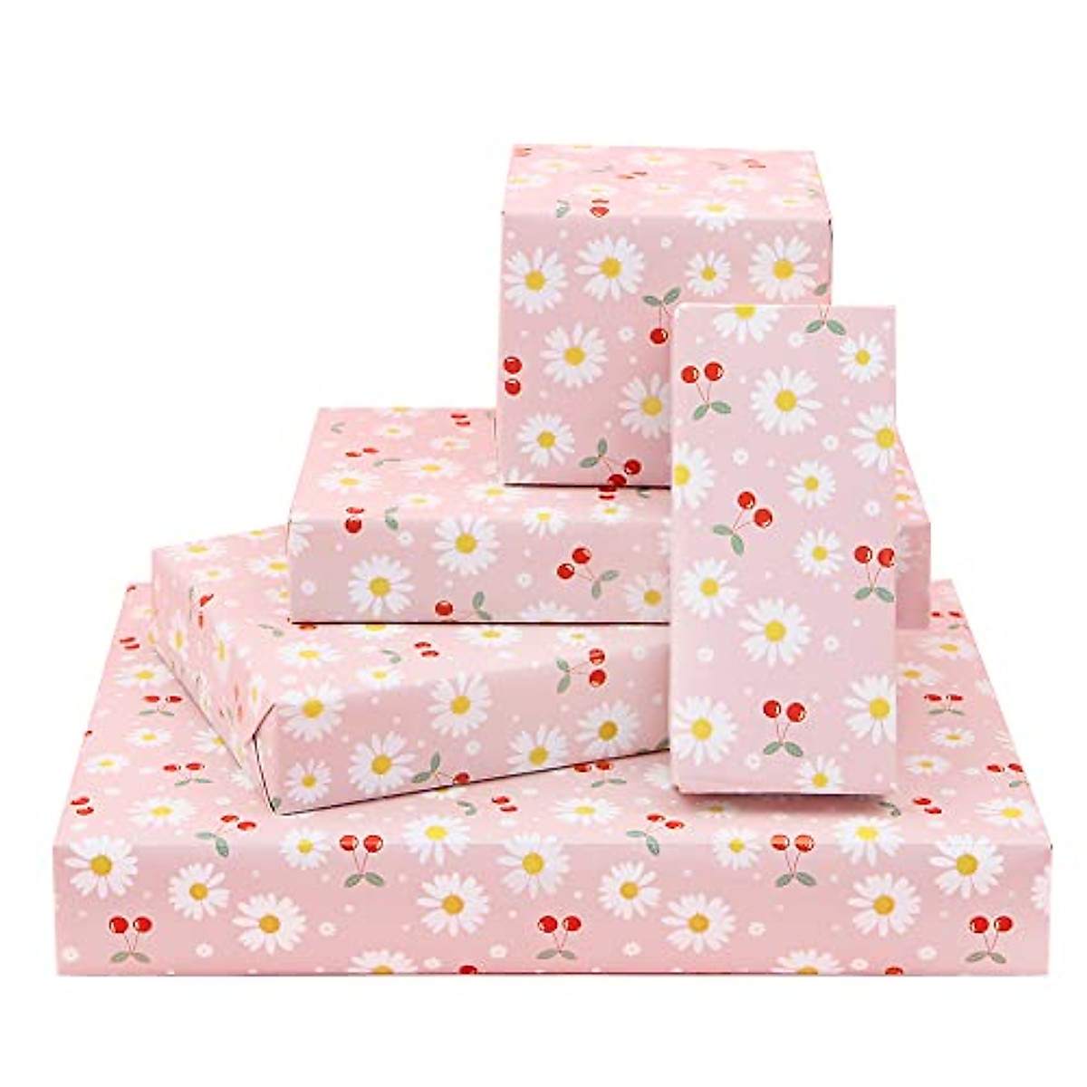 White and Yellow Daisy Floral With Red Cherries On Pink Gift Wrapping Paper 4 Sheets For Kids Girls Boys, Flower Gift Wrap for Birthday New Baby Shower Wedding Holiday Christening and More Occasion