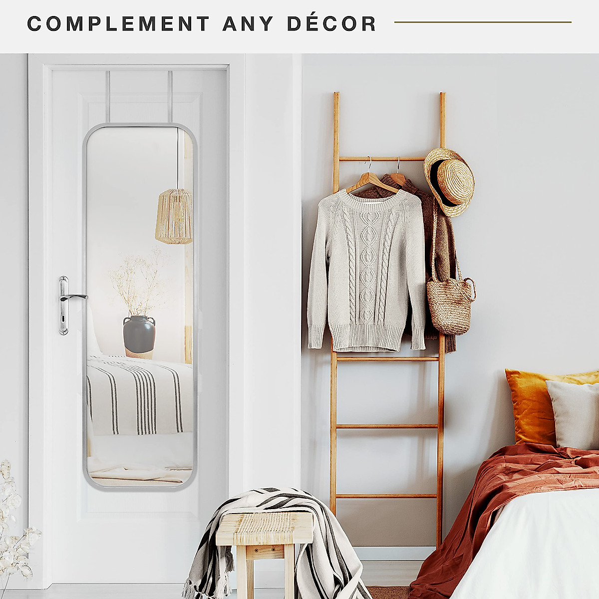 MCS Metal Over The Door Mirror With Rounded Corners, Full Length Hanging Mirror for Bedroom and Bathroom Doors, Silver, 22 x 55 in