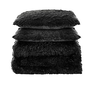 Sweet Home Collection Plush Shaggy Duvet Cover Set Ultra Soft Luxurious Faux Fur Decorative Fluffy Crystal Velvet Bedding with 2 Shams, Queen, Black(Pack of 1)