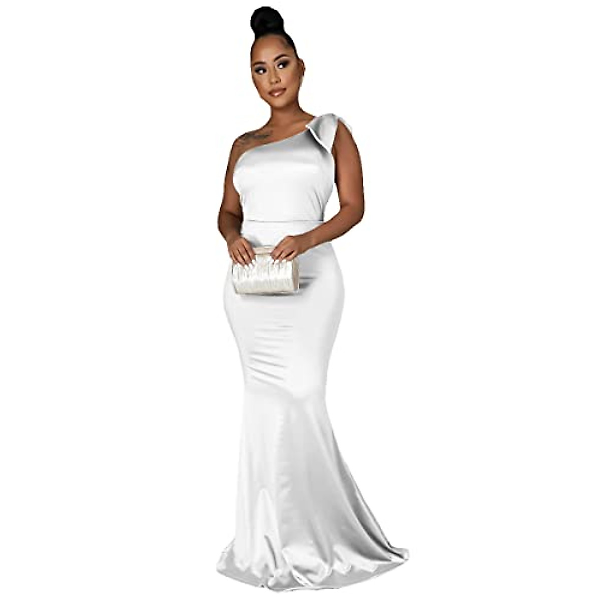 FairyLove Women's Fashion Ruched Bodycon Dress Sleeveless One Shoulder Wrap Satin Belted Cocktail Midi Dresses White