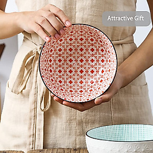 Domini Ceramic Pasta Soup Cereal bowls,6 inch Salad Bowls,deep 3inch,30oz,Set of 4,Microwave and Oven Safe,Dishwarebowls for Serving Dinner,Salad,Soup,Oatmeal,Mix-Match Pattern,Gift