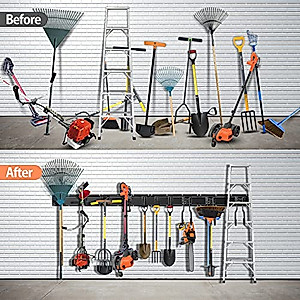 14 PCS Tool Storage Rack, 64 Inches Adjustable Garage Tool Organizer Wall Mounted Storage System with 10 Hooks, Super Heavy Duty Steel Garden Tool Organizer Wall Holders