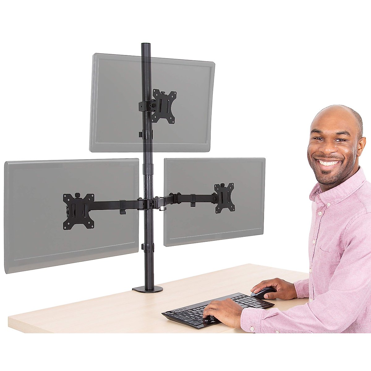 Stand Steady Triple Monitor Desk Stand with Clamp-On Base, for Home or Office Use, Height Adjustable Computer Monitor Stand with Full Articulation VESA Mounts, Fits Most LCD/LED Monitors 13-32 Inches