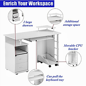 Tenouvos Best Computer Desk Writing Study Desk,Modern Style Home Office Desk,Laptop PC Table Workstation with 2 Drawers,CPU Pedestal,Shelf and Pull-Out Keyboard Tray,Quick Assembly (White)