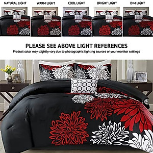 Comfort Spaces Enya Comforter Set-Modern Floral Design All Season Down Alternative Bedding, Matching Shams, Bedskirt, Decorative Pillows, Queen(90"x90"), Red/Black