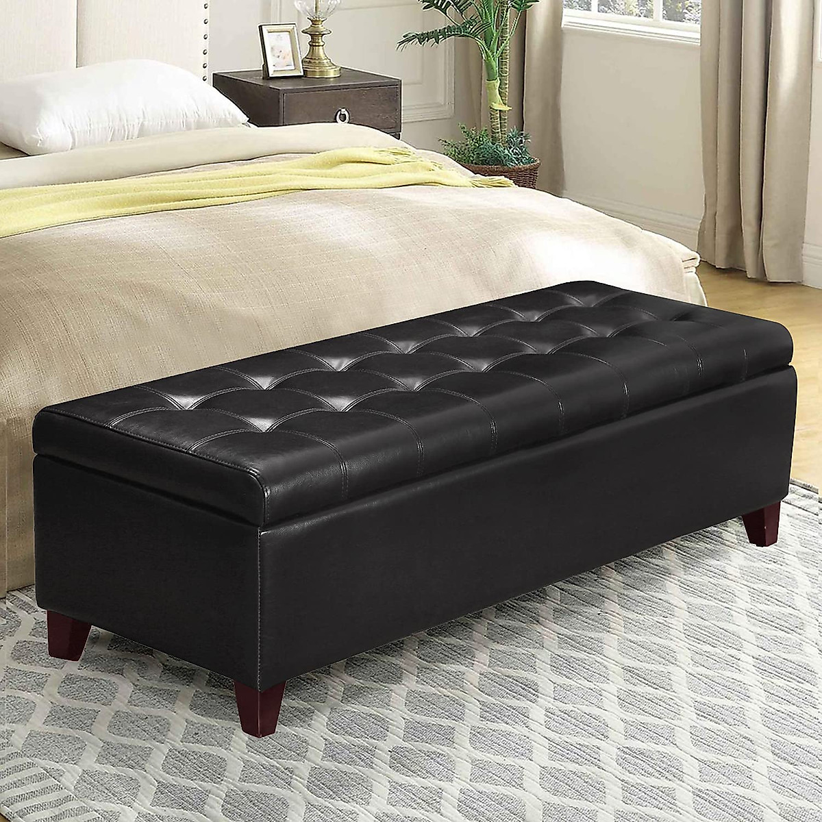 Joveco Storage Ottoman Bench- Faux Leather Tufted Bench Foot Rest (Black Midnight)