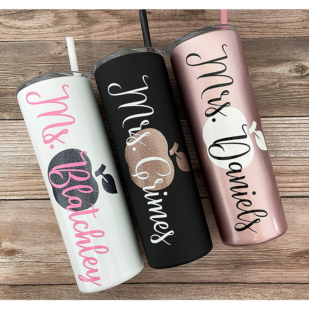 Glitter Apple Teacher's Personalized 20 oz Stainless Steel Skinny Tumbler with Custom Vinyl Decal by Avito - Includes Straw and Lid - Back to School Teacher's Gift, Best Teacher Ever