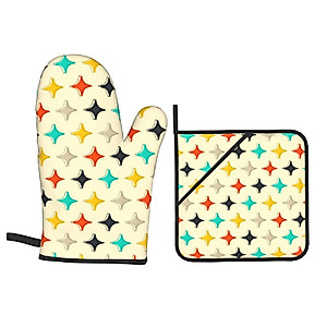 Modern Atomic Stars Retro Colors Oven Mitts and Pot Holders 4pcs Sets，Funny Kitchen High Heat Resistant Oven Mitts，with Oven Gloves and Hot Pads Pot Holders for Baking Cooking BBQ Grilling