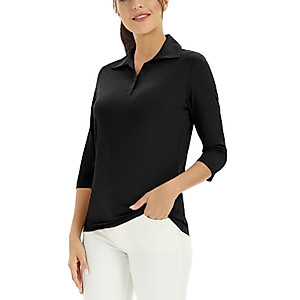 MOHEEN Women's Polo Shirt Quick Dry Performance Moisture Wicking 3/4 Sleeve Golf Polo Shirts for Women Athletic Casual Work (12222 Black,L)