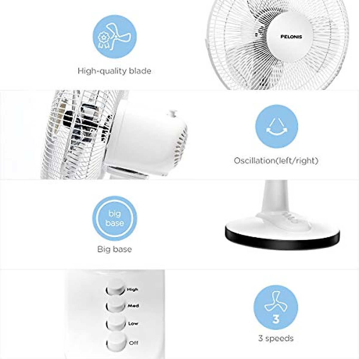 PELONIS FT30-15H Portable 3-Speed 12-Inch Oscillating Table Air Circulation Fan, White, 15 Inch TableFan