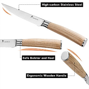 kangdelun Natura Series 4.5” Serrated Steak Knife Set of 6, High Carbon Stainless Steel, Wooden Handle